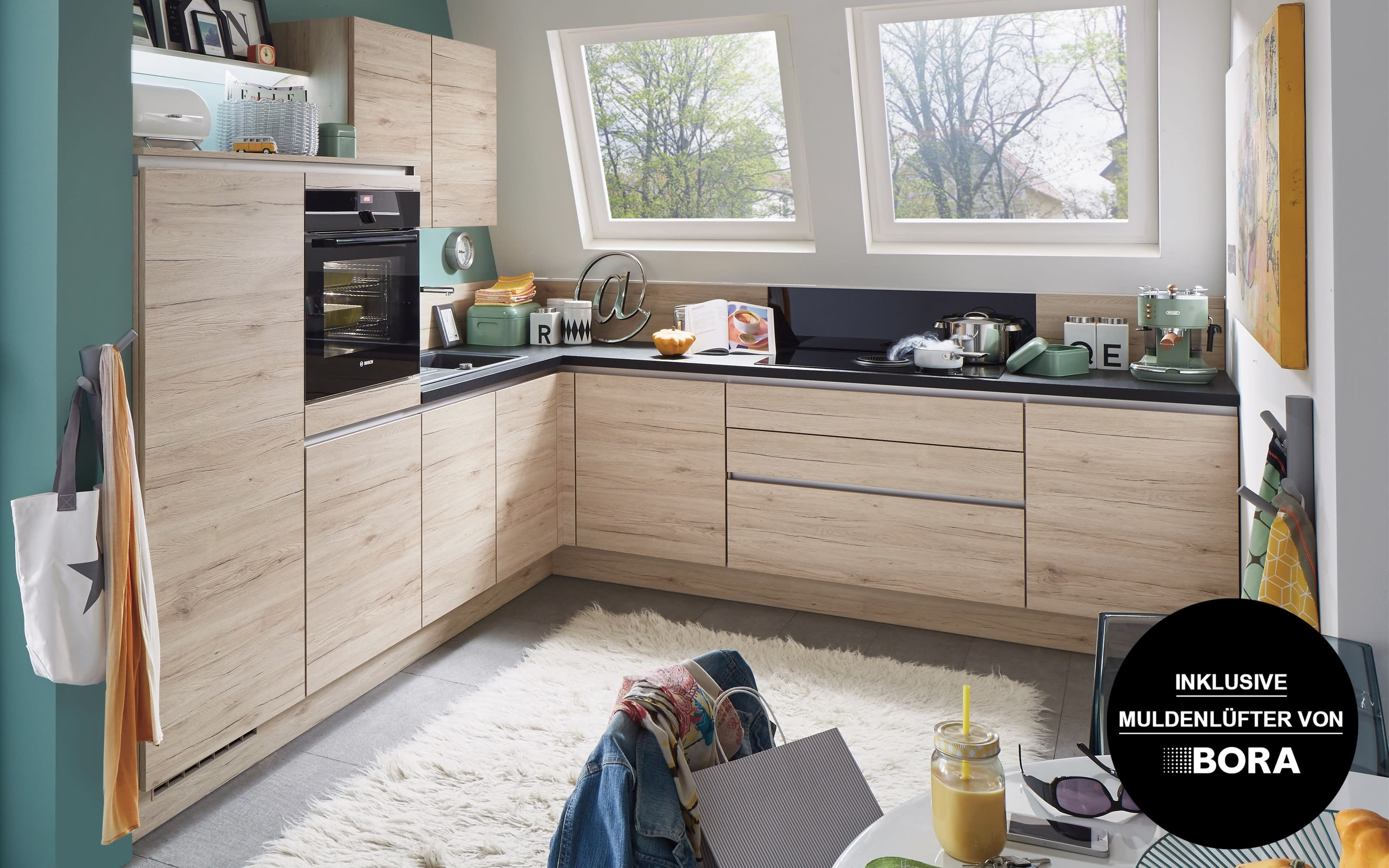Einbauküche Riva, Eiche San Remo Nachbildung, inkl. Bora Muldenlüfter ...