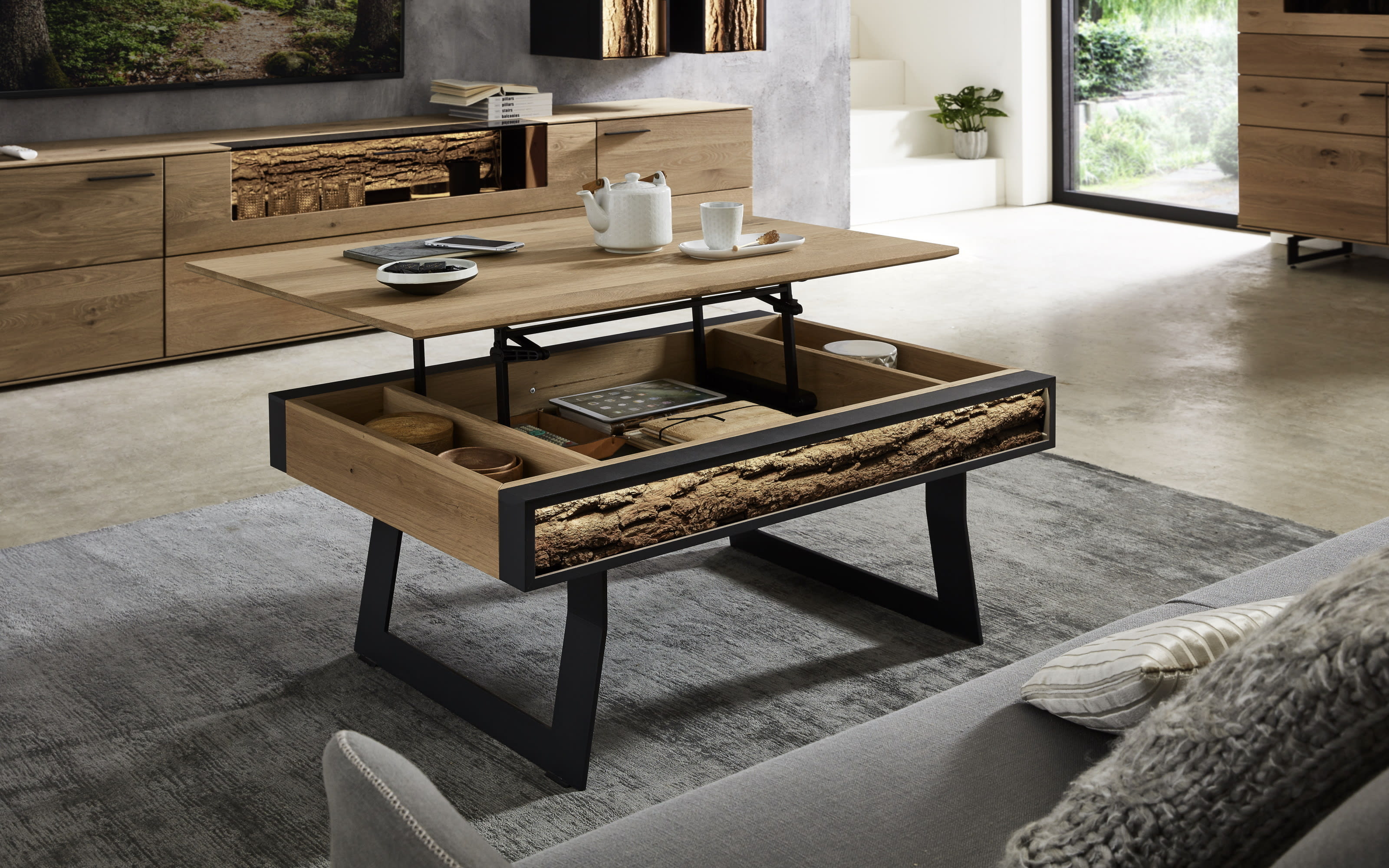 Couchtisch Runa, Kerneiche Natur massiv gebürstet, inkl. Höhenverstellung online bei Hardeck kaufen